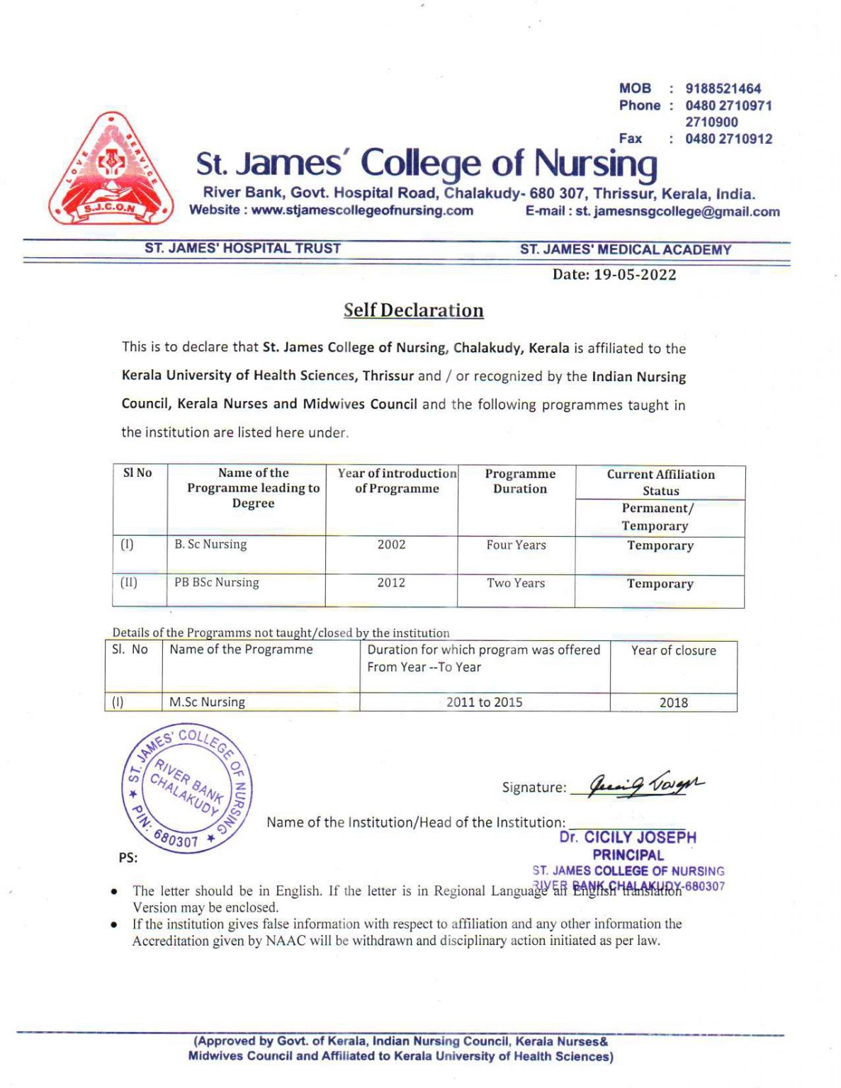 SELF DECLARATION > St.James Colege of Nursing